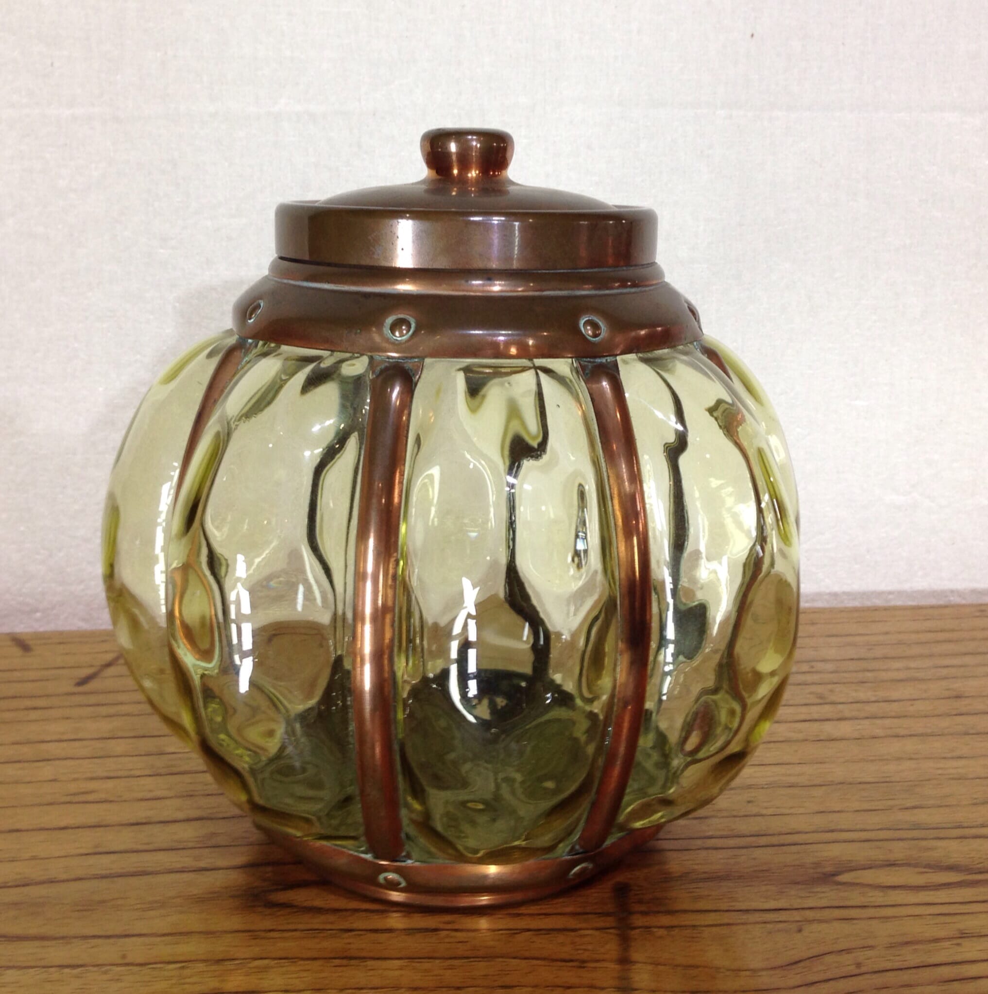Rare Wynyates biscuit barrel, Arts & Crafts copper & glass, c.1905 ...