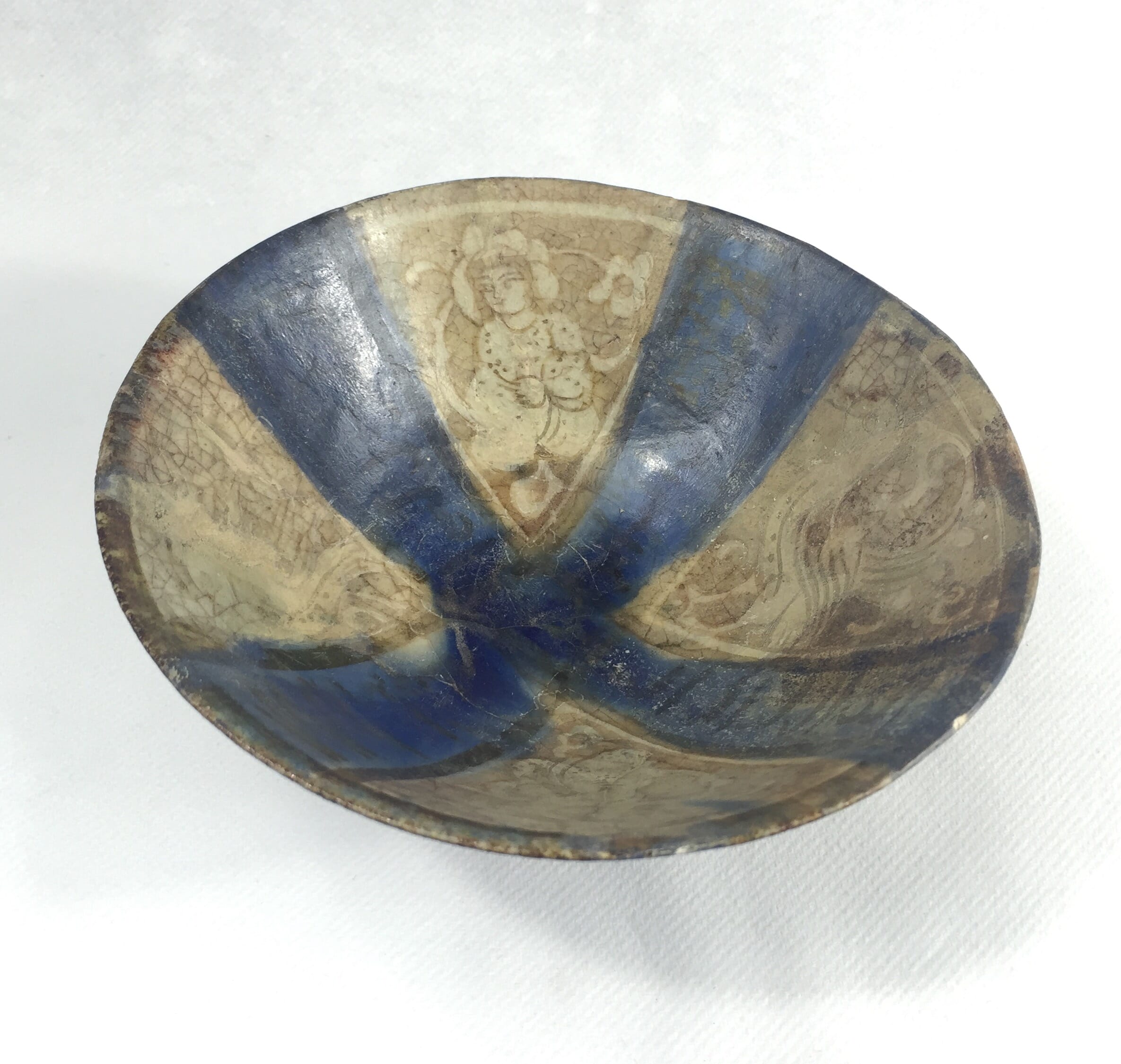 Persian fritware bowl, lustre & blue figures, birds, inscriptions, late ...