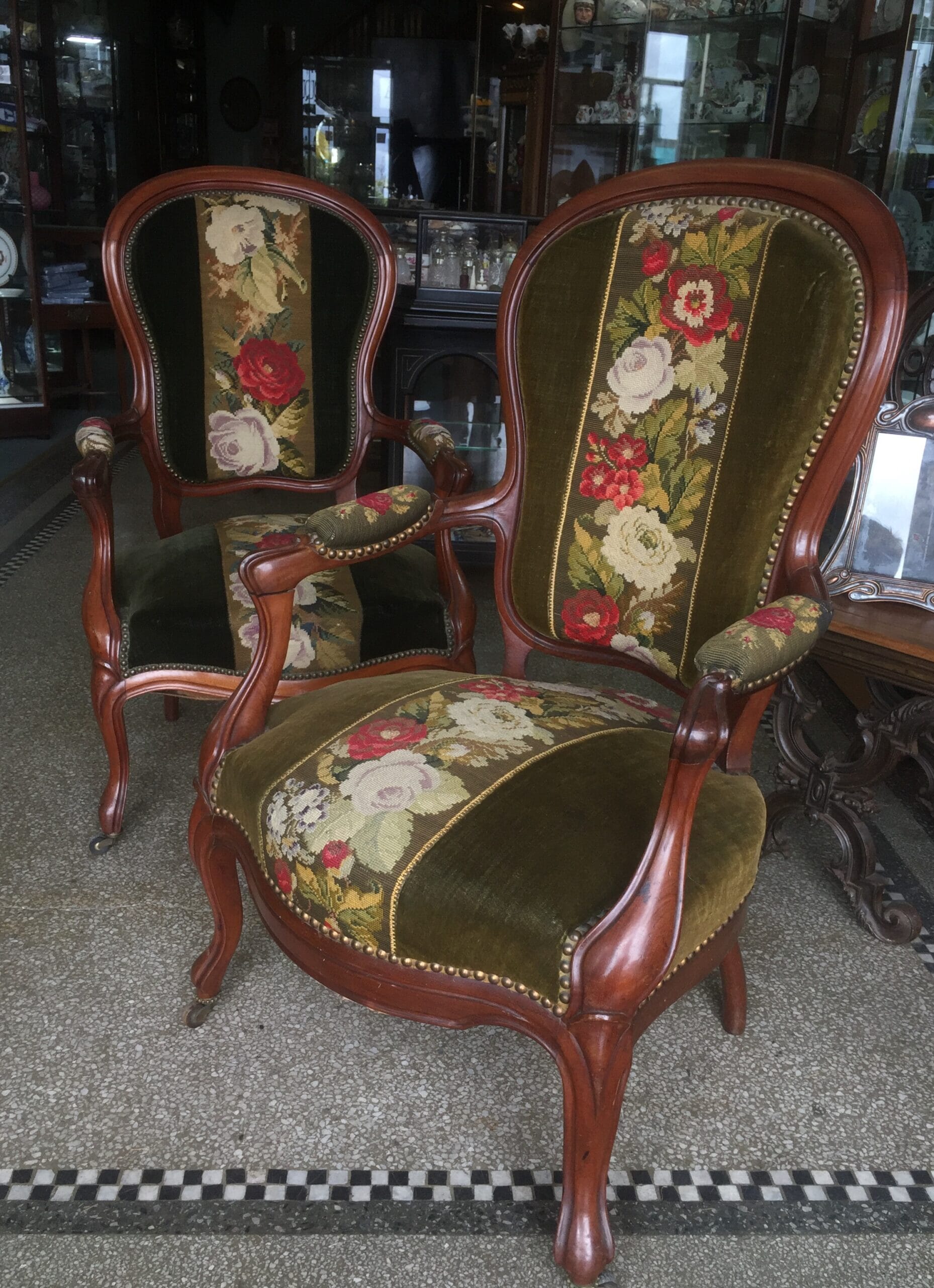 Pair of Victorian arm chairs upholstered in flower embroidery. c 1875 ...