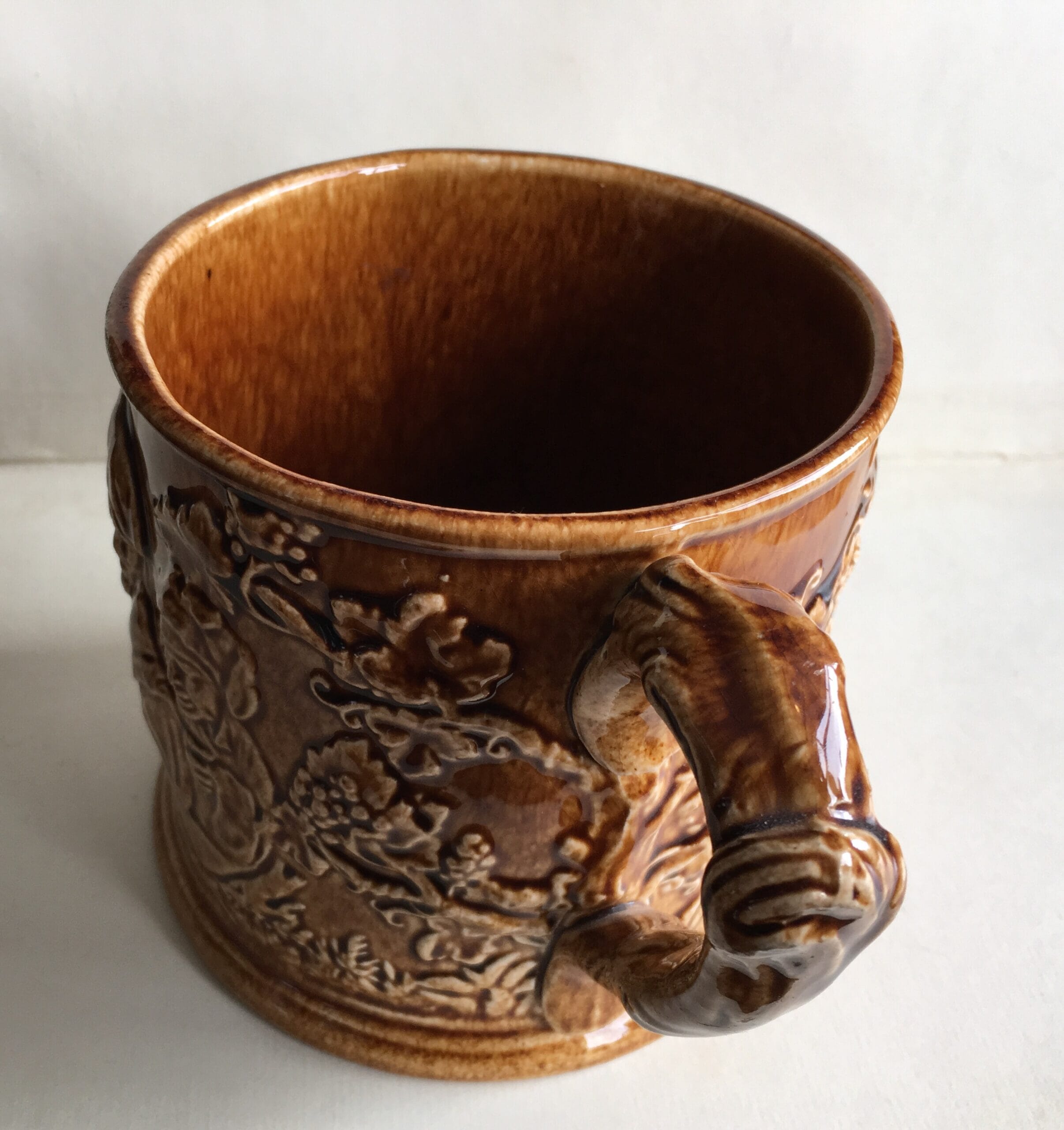 English ‘Frog Mug’ with tavern scene, Rockingham glaze, c.1840-17232 ...