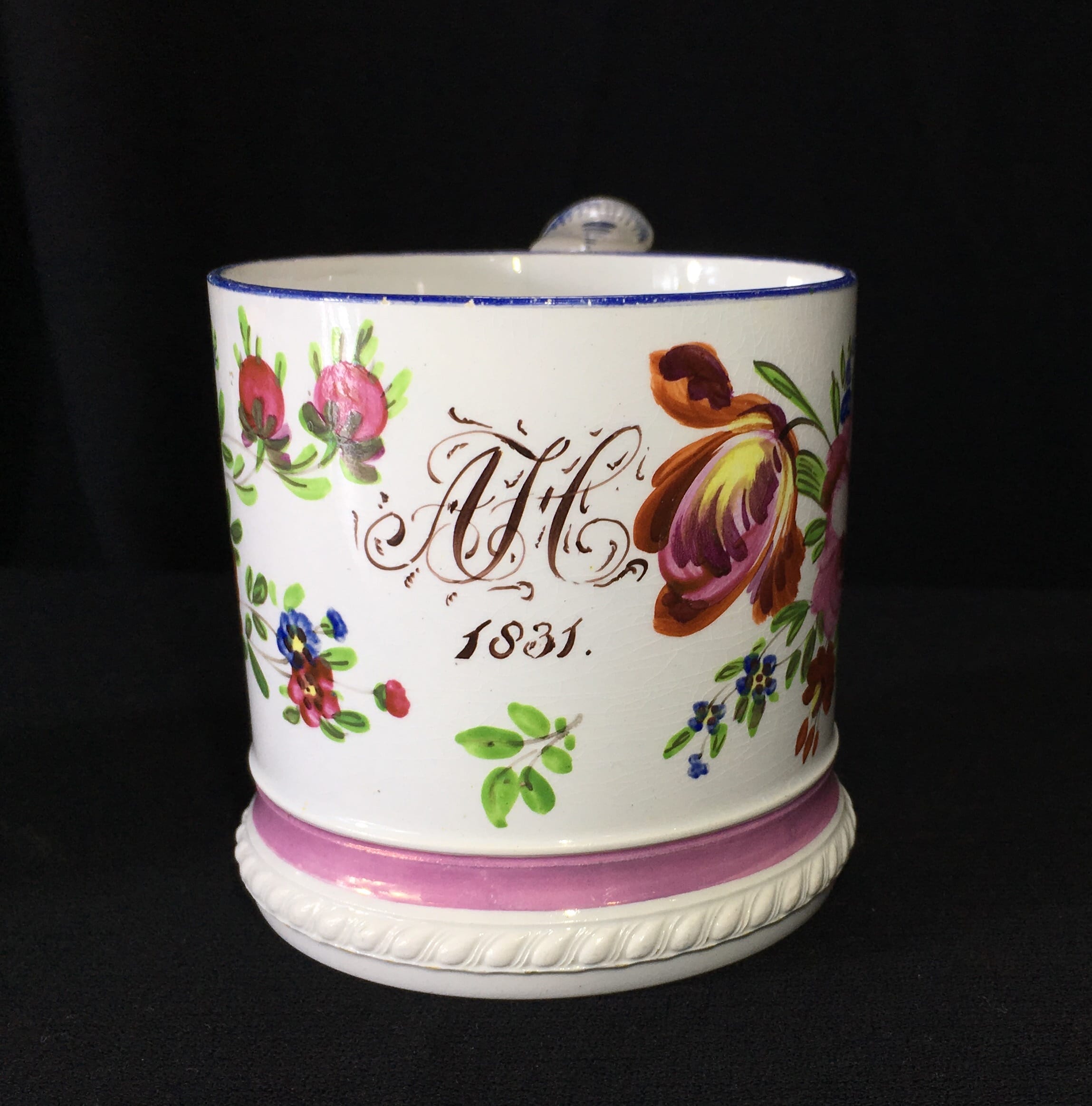 Pearlware mug, ornate handle with flower painting, inscribed AH 1831 ...