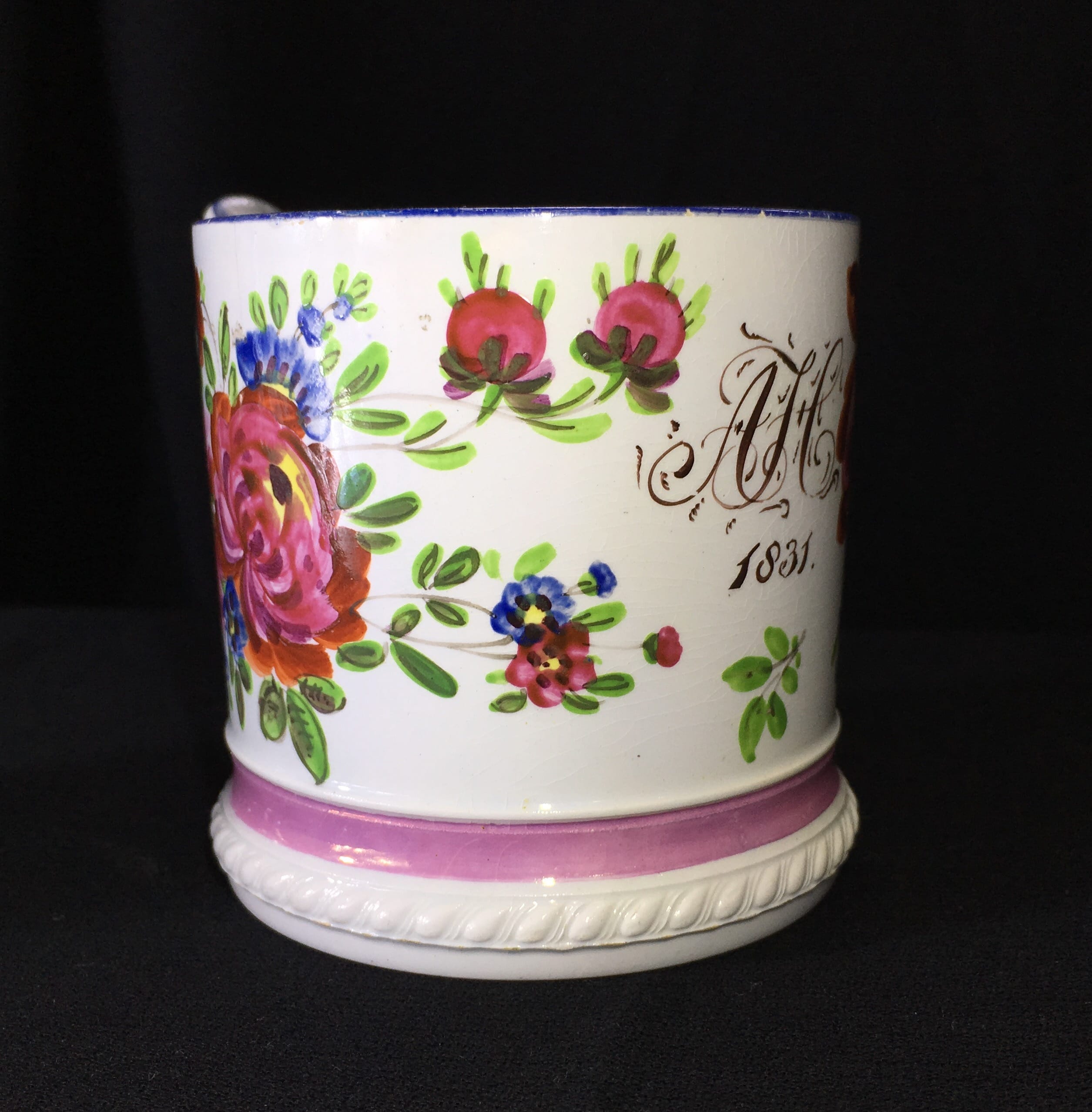 Pearlware mug, ornate handle with flower painting, inscribed AH 1831 ...