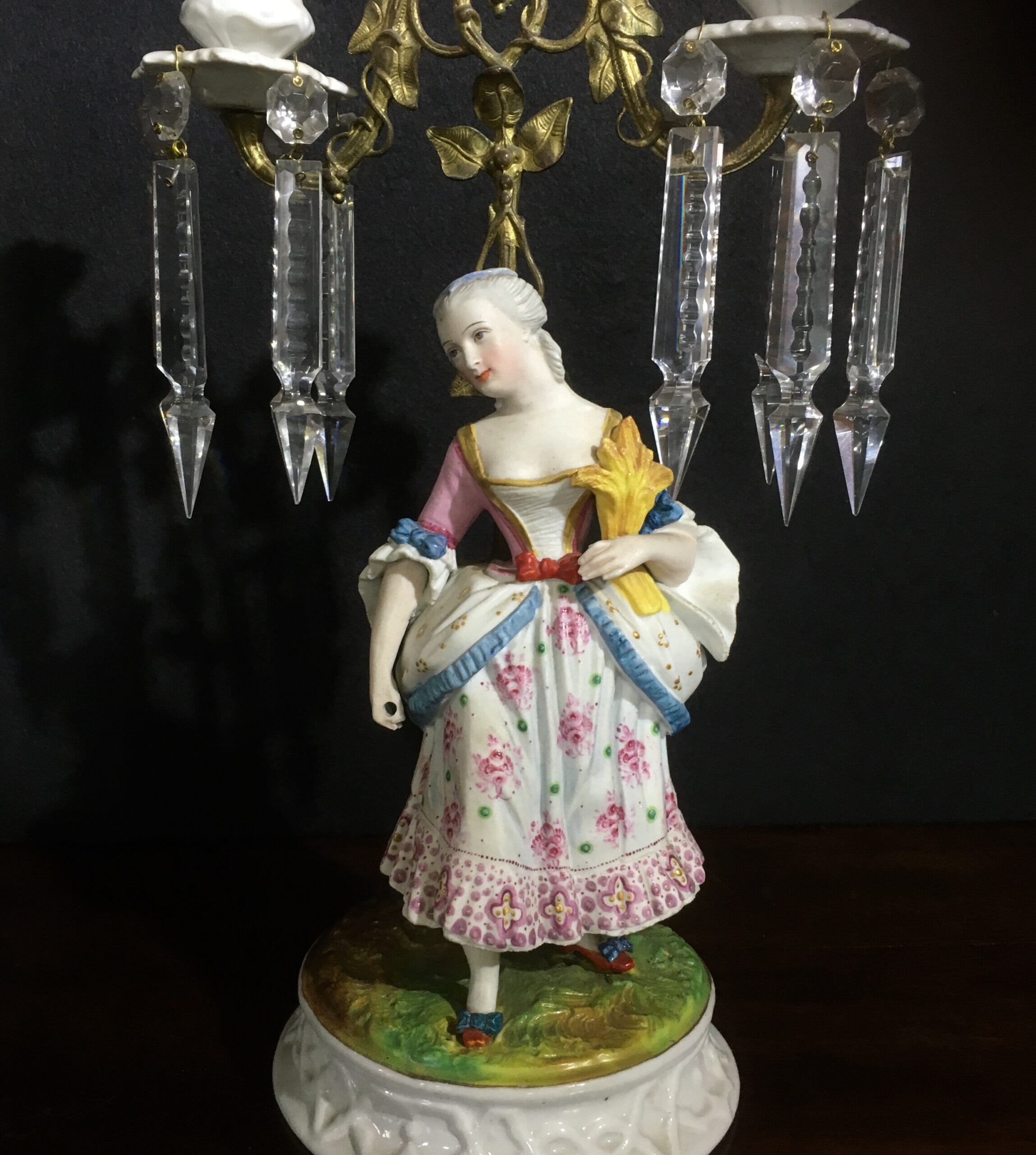 Pair of French bisque figural candlesticks with lustre drops, c.1890 ...