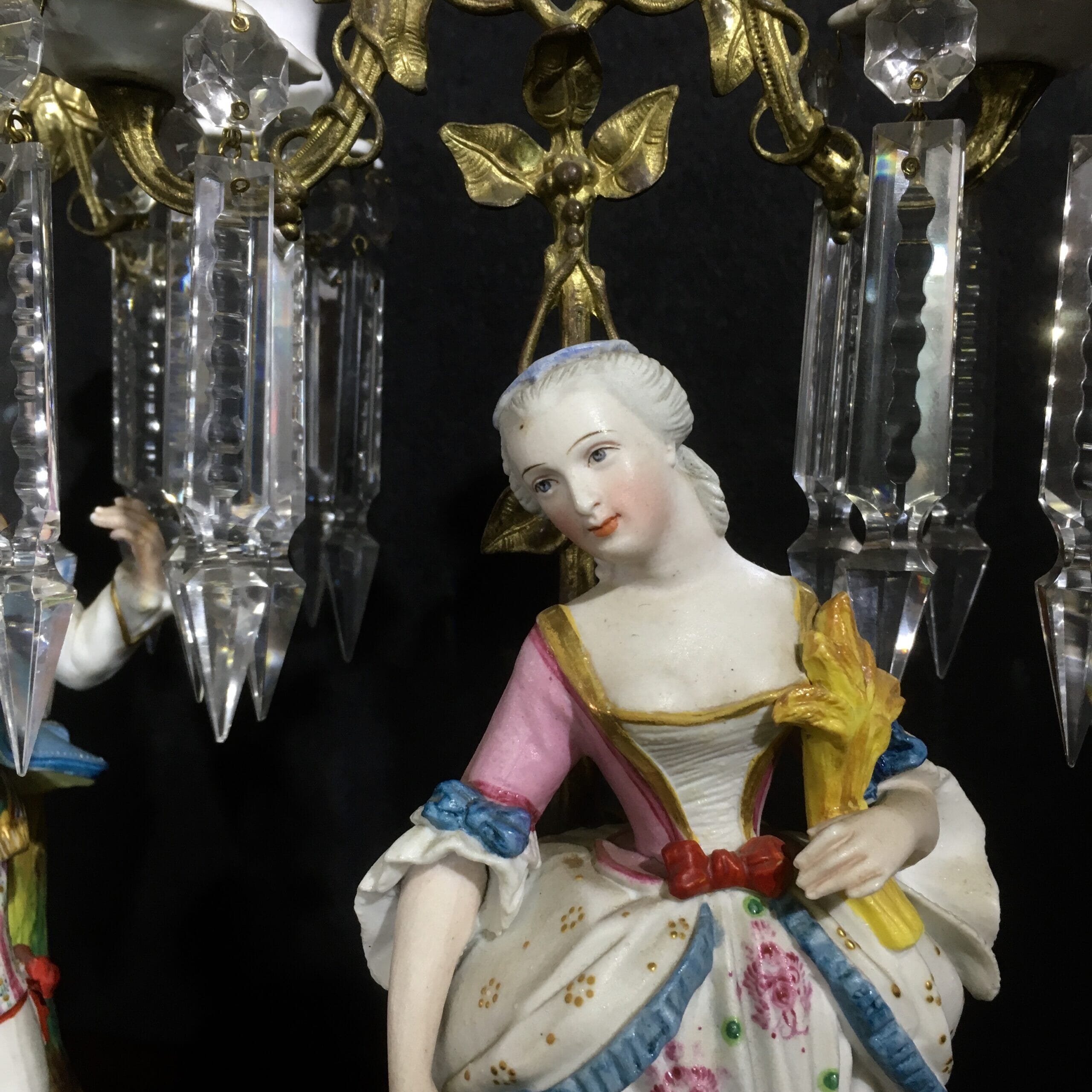 Pair of French bisque figural candlesticks with lustre drops, c.1890 ...