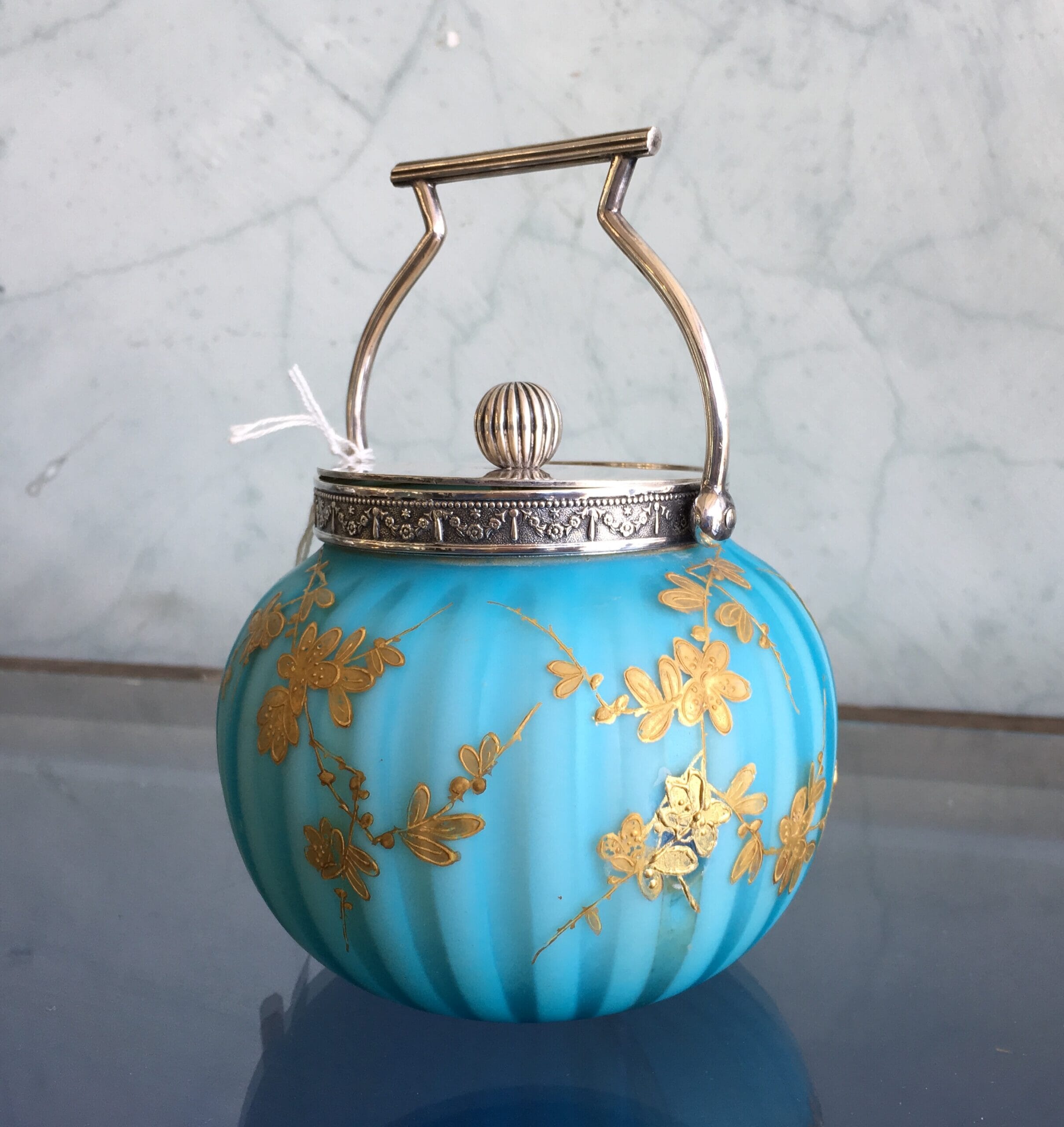 Victorian Blue Satin Glass Sugar Bowl Plated Mounts Webb C 1880