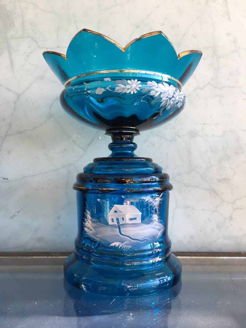 Large Victorian blue glass centerpiece with white enamel scene, c. 1890 ...
