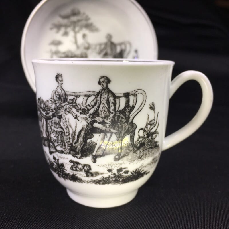 Worcester cup & saucer, Hancock ‘Tea Party’ print in black, c. 1770 ...