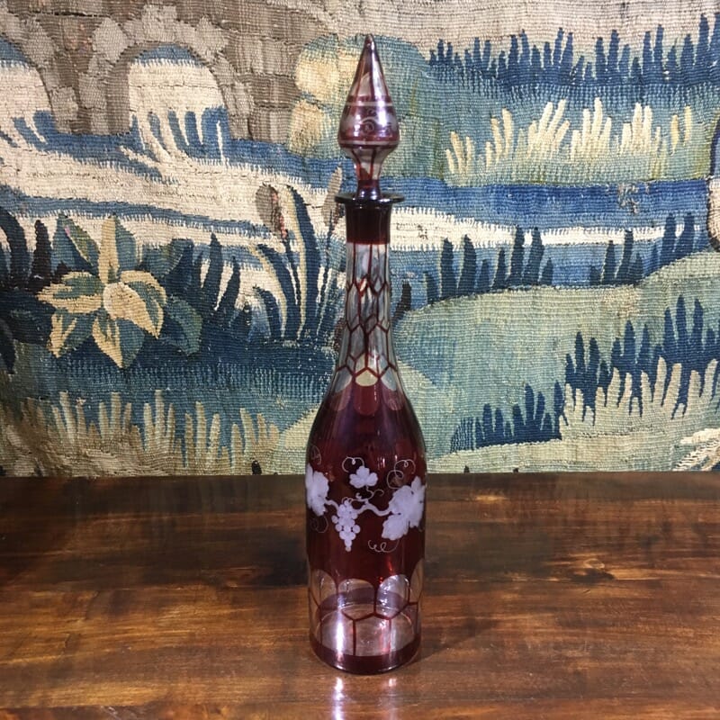 Victorian ruby flash glass, acid etched decanter and stopper, C. 1860 ...