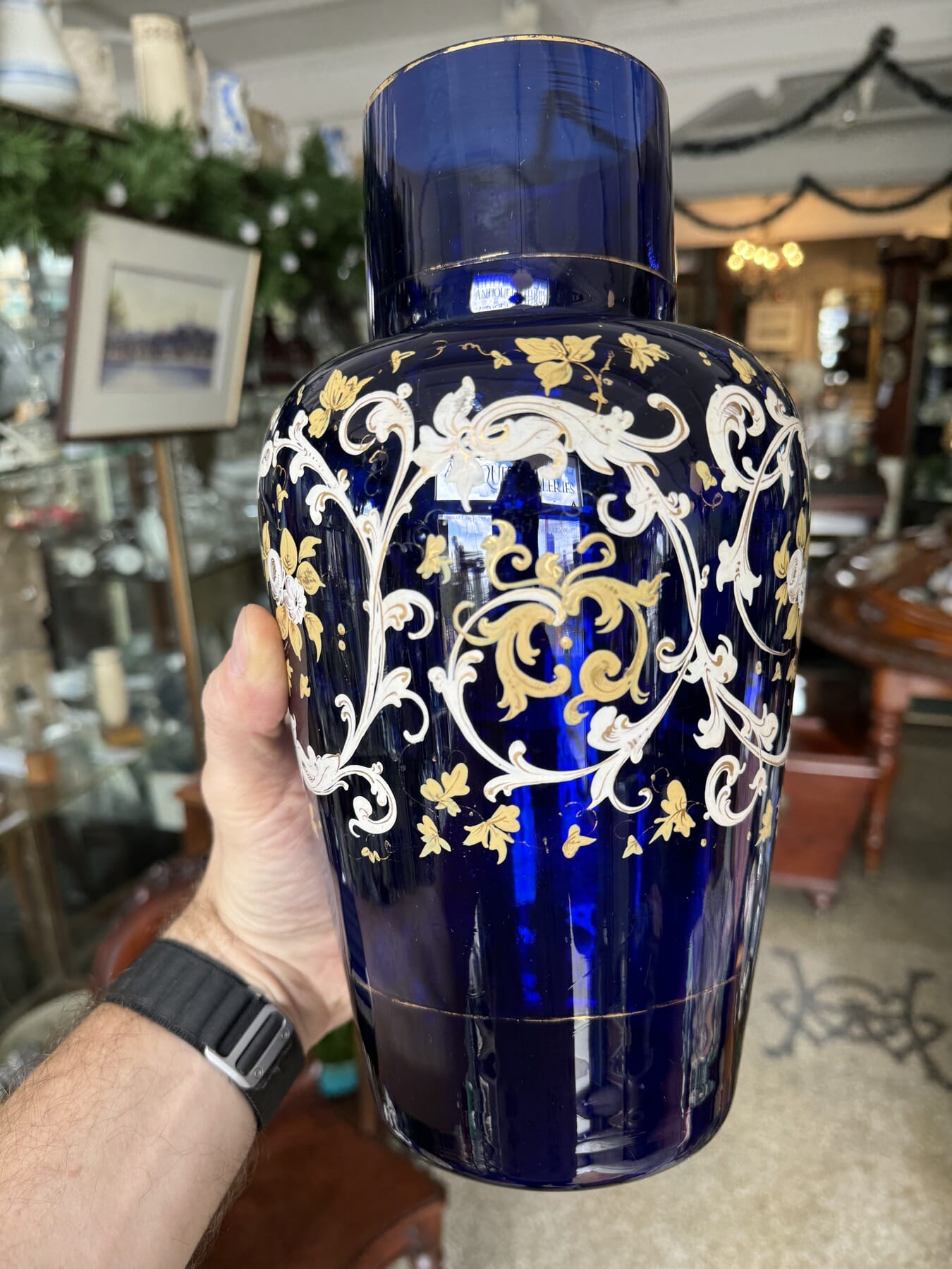 Large Victorian ‘bristol Blue Glass Vase Enameled And Gilt Scrollwork