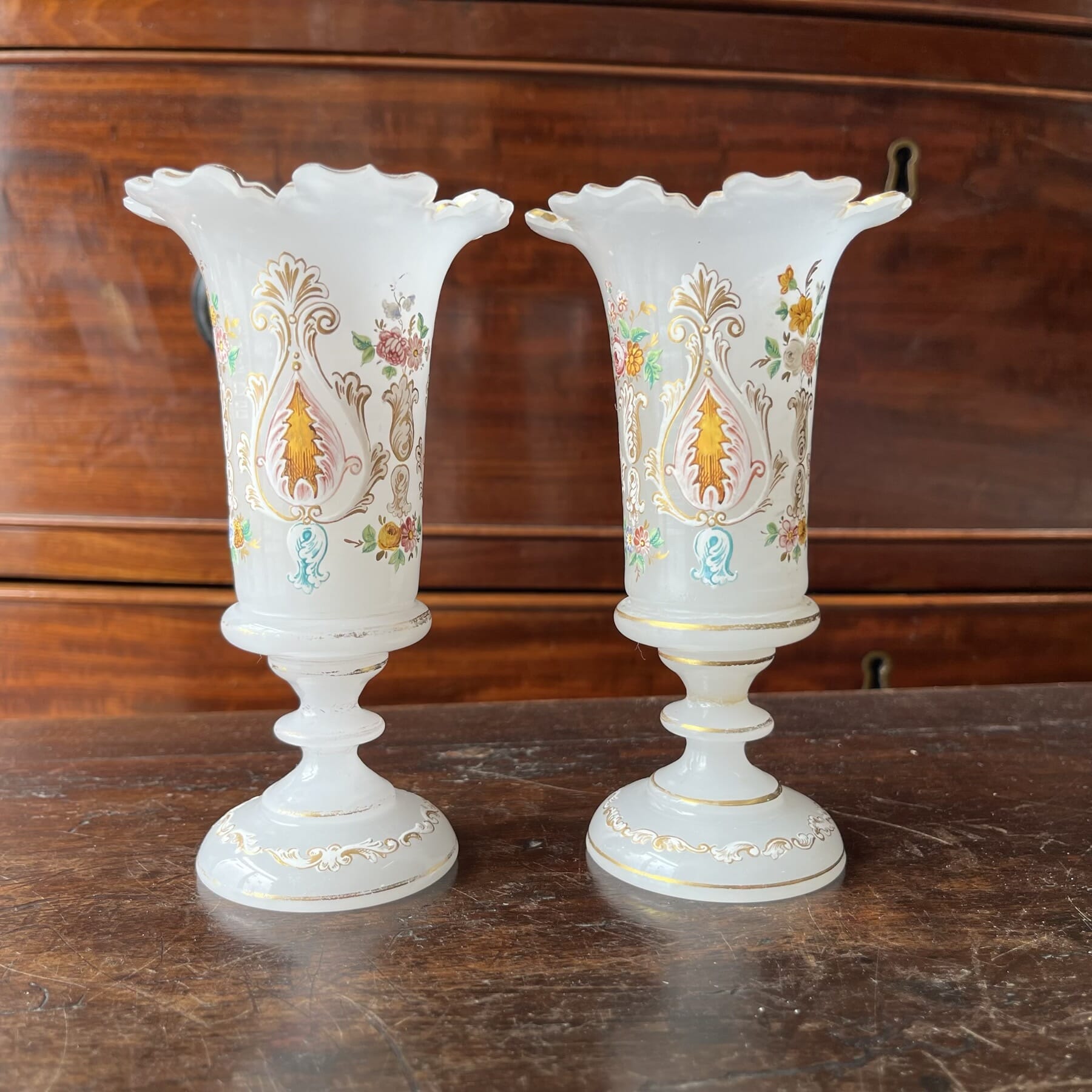 Pair Of Victorian Opaque White Glass Vases Scroll Enamelwork C 1875